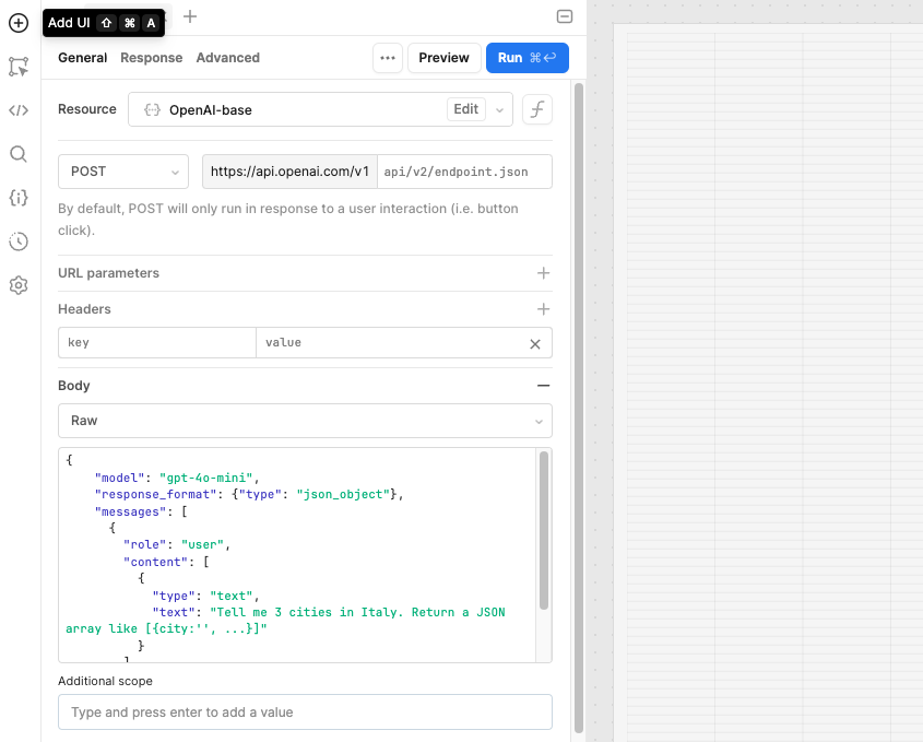 How to use the JSON mode of Open AI API in Retool